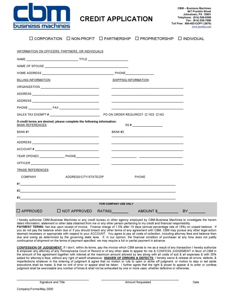 Credit Application - CBM Business Machines - Pennsylvania